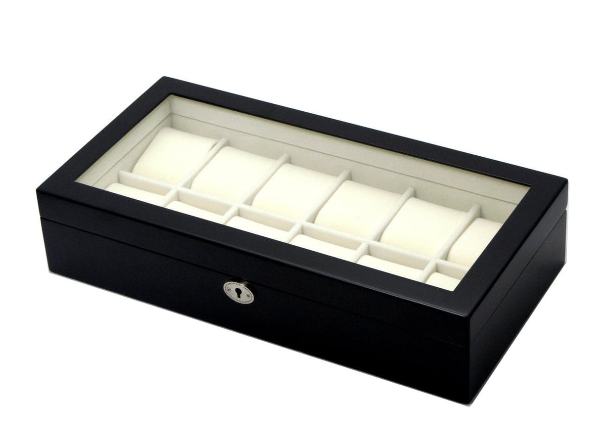 Glass Top Black Watch Box for 12 Watches with White Velvet Interior ...