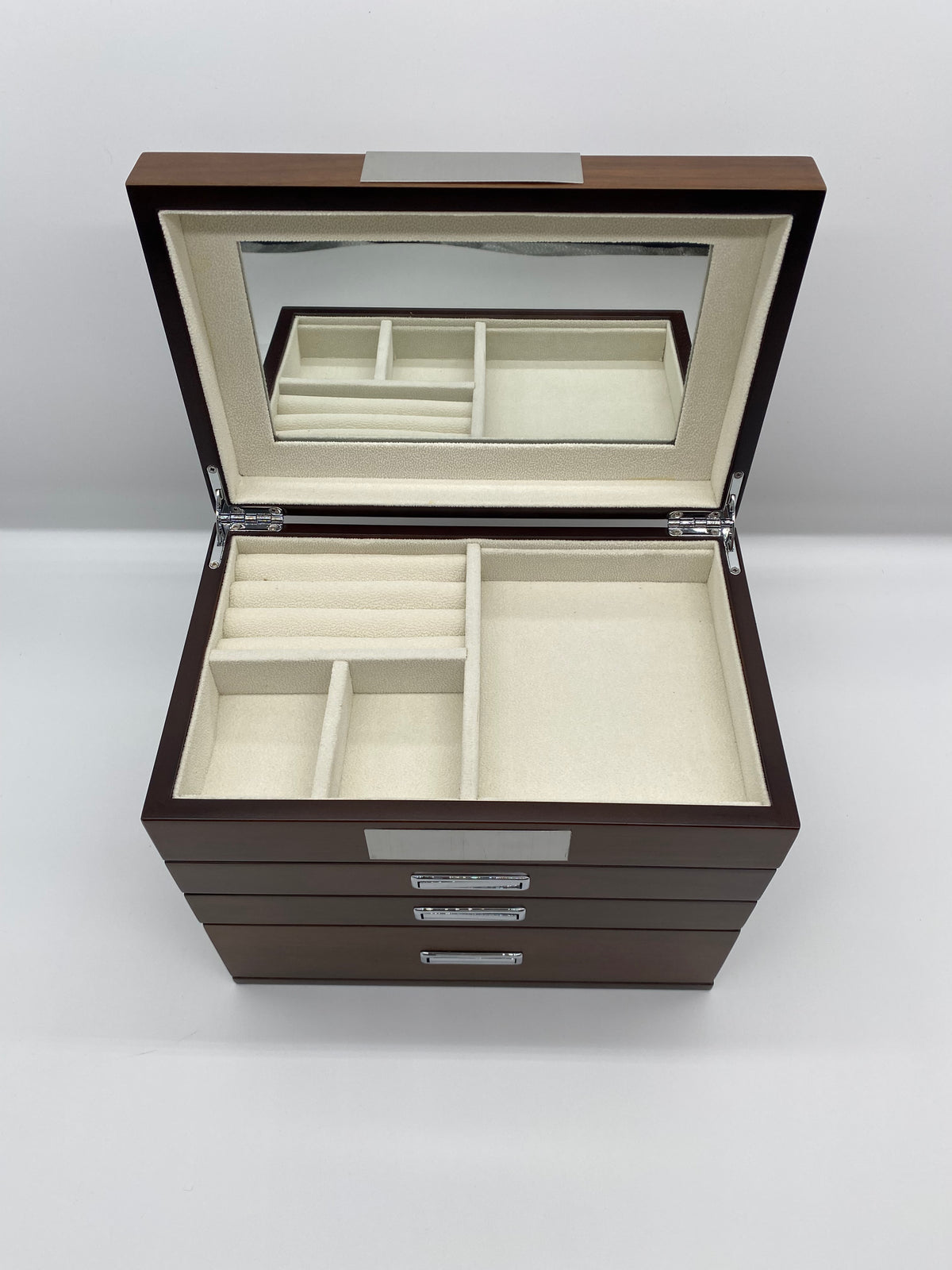 Large Brown Matte Jewellery Box with 3 Drawers & Mirror | Boxes Of Elegance